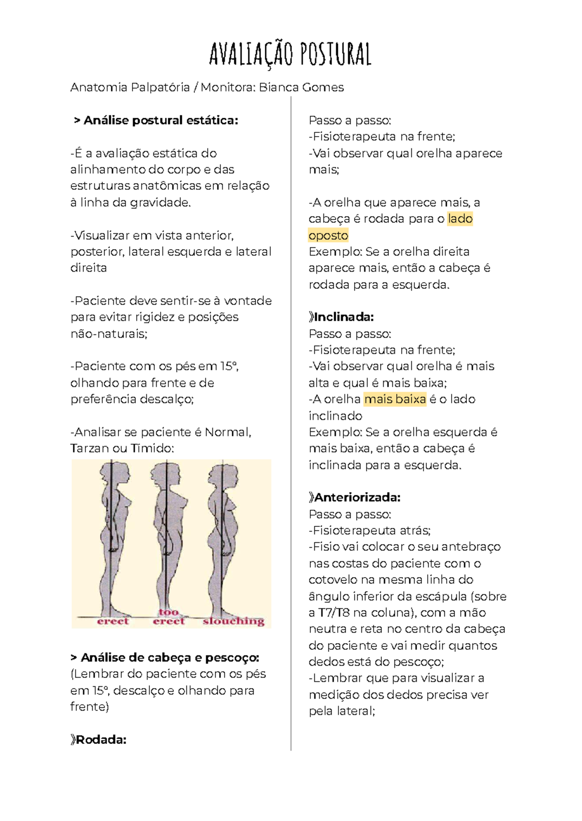 Avaliação Postural: Anatomia Palpatória e Análise Estática - Studocu