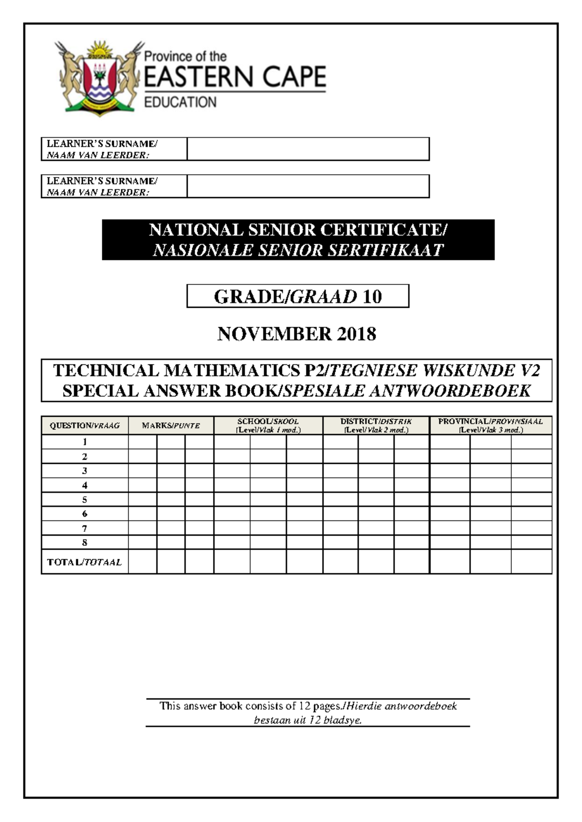 Technical Mathematics P2 Answer Book - November 2018 - Studocu
