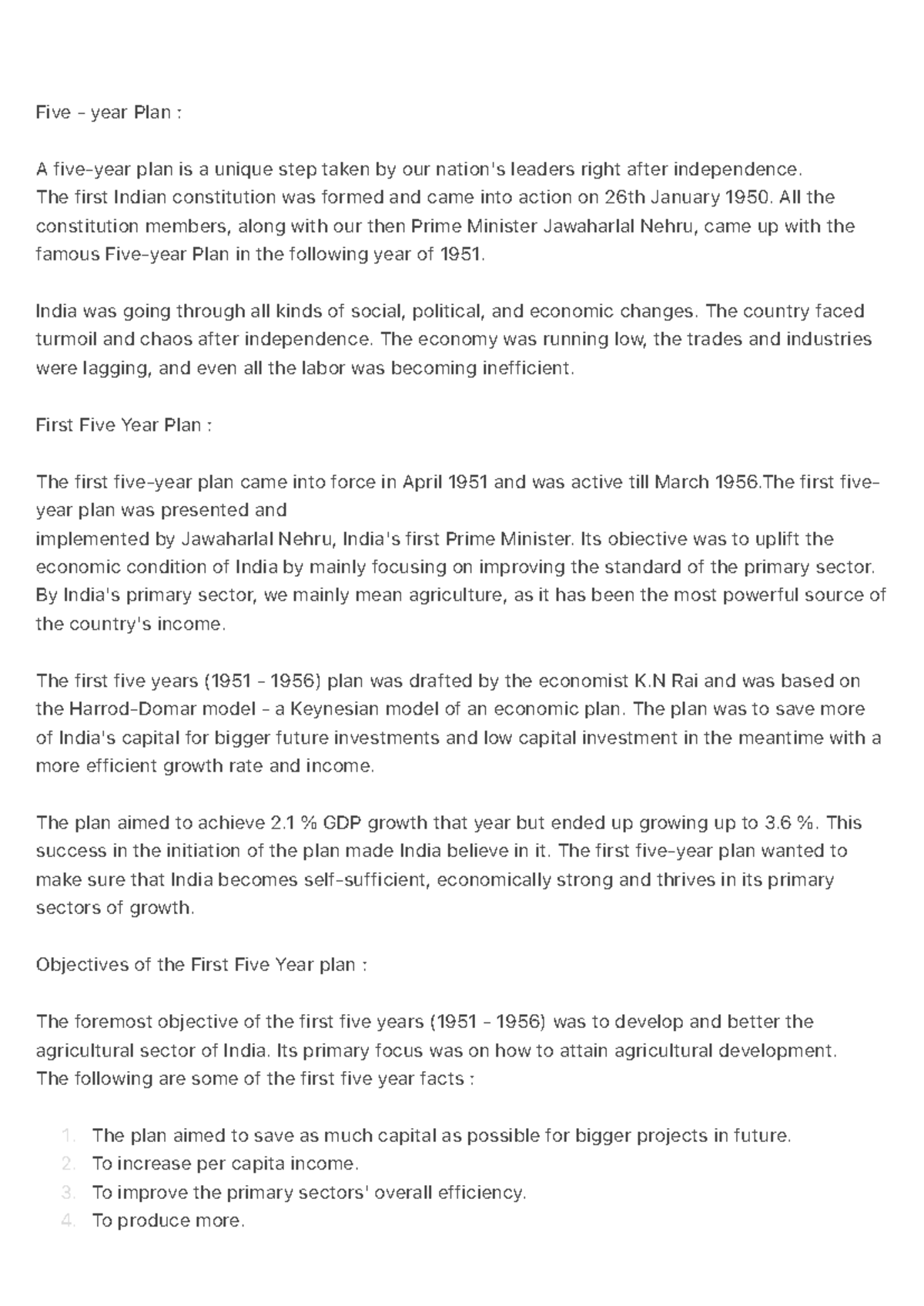 First Five-Year Plan (1951-1956): Impact and Objectives Explained - Studocu