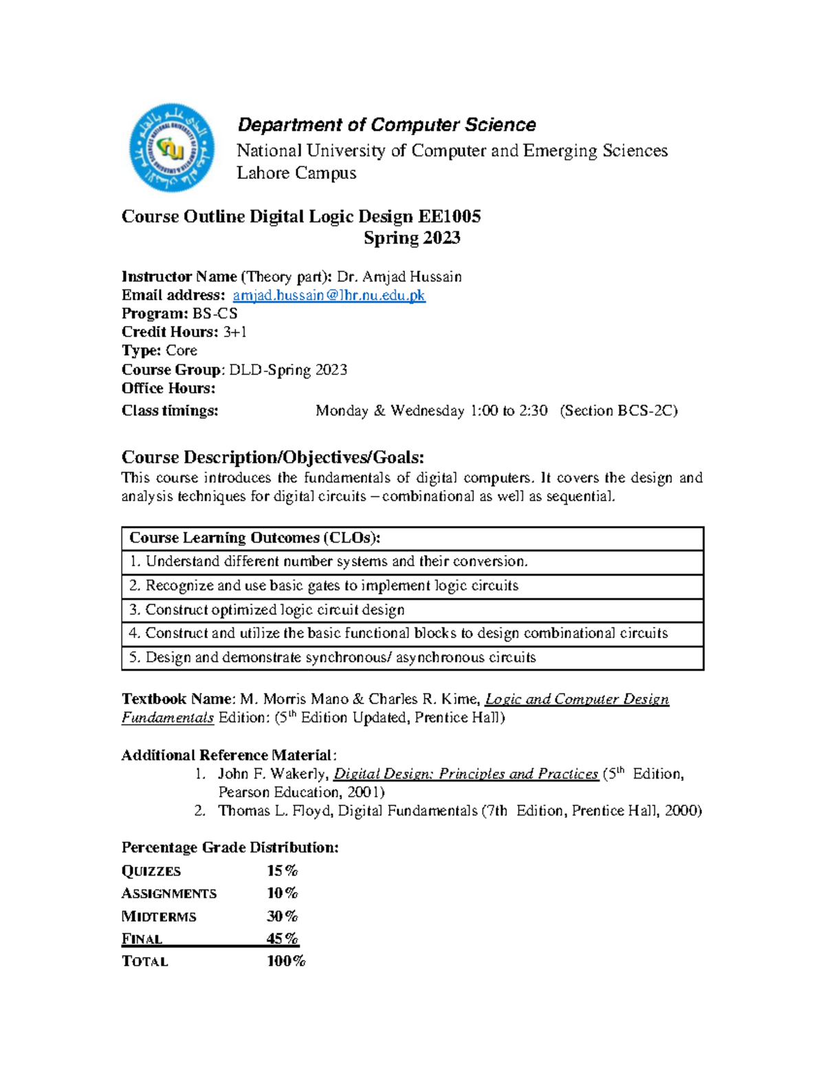 DLD-EE Spring 2023 - Comprehensive Course Outline Details - Studocu