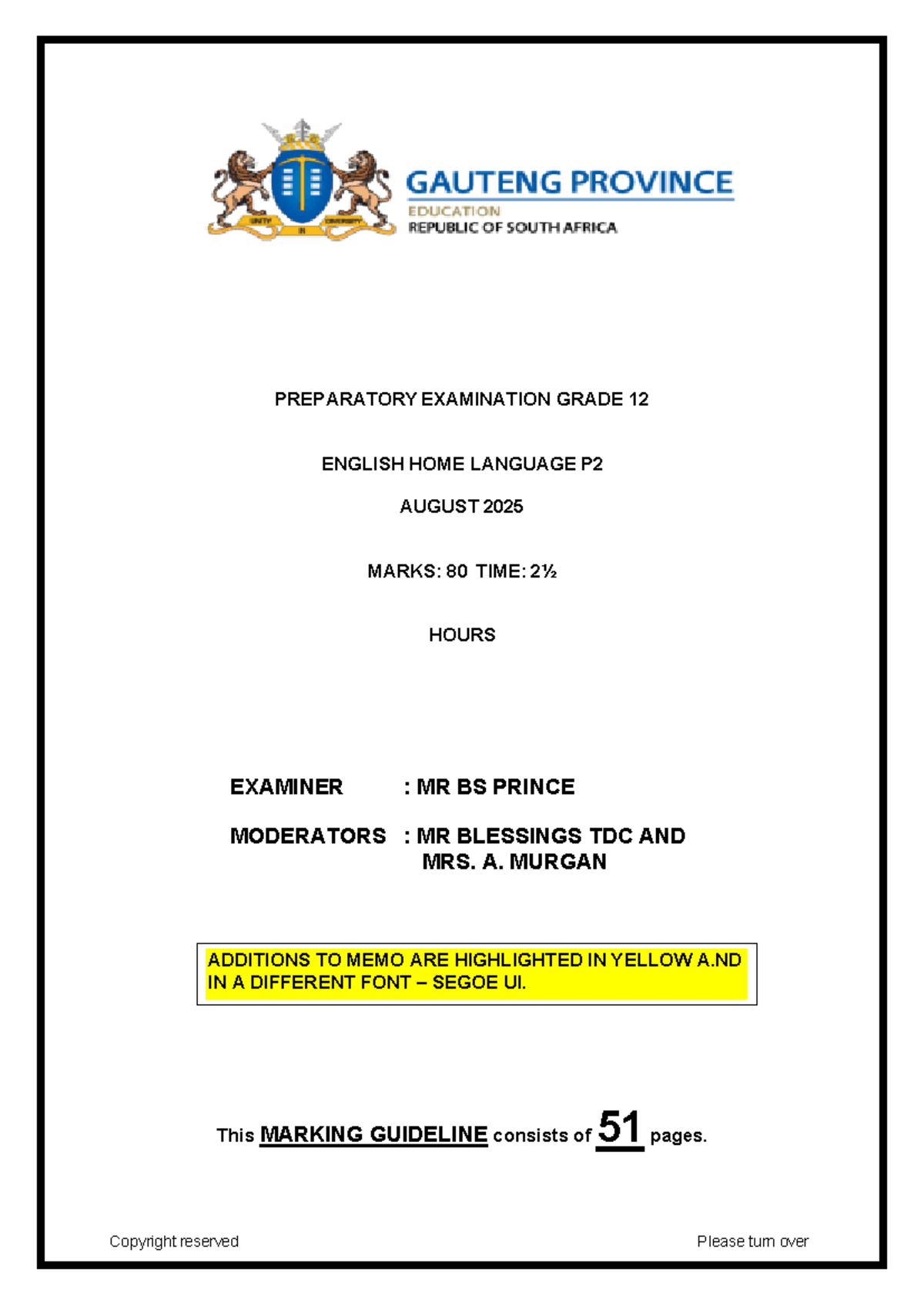 ENG HL P2 (MEMO) Grade 12 Preparatory Exam 2025 Marking Guidelines ...