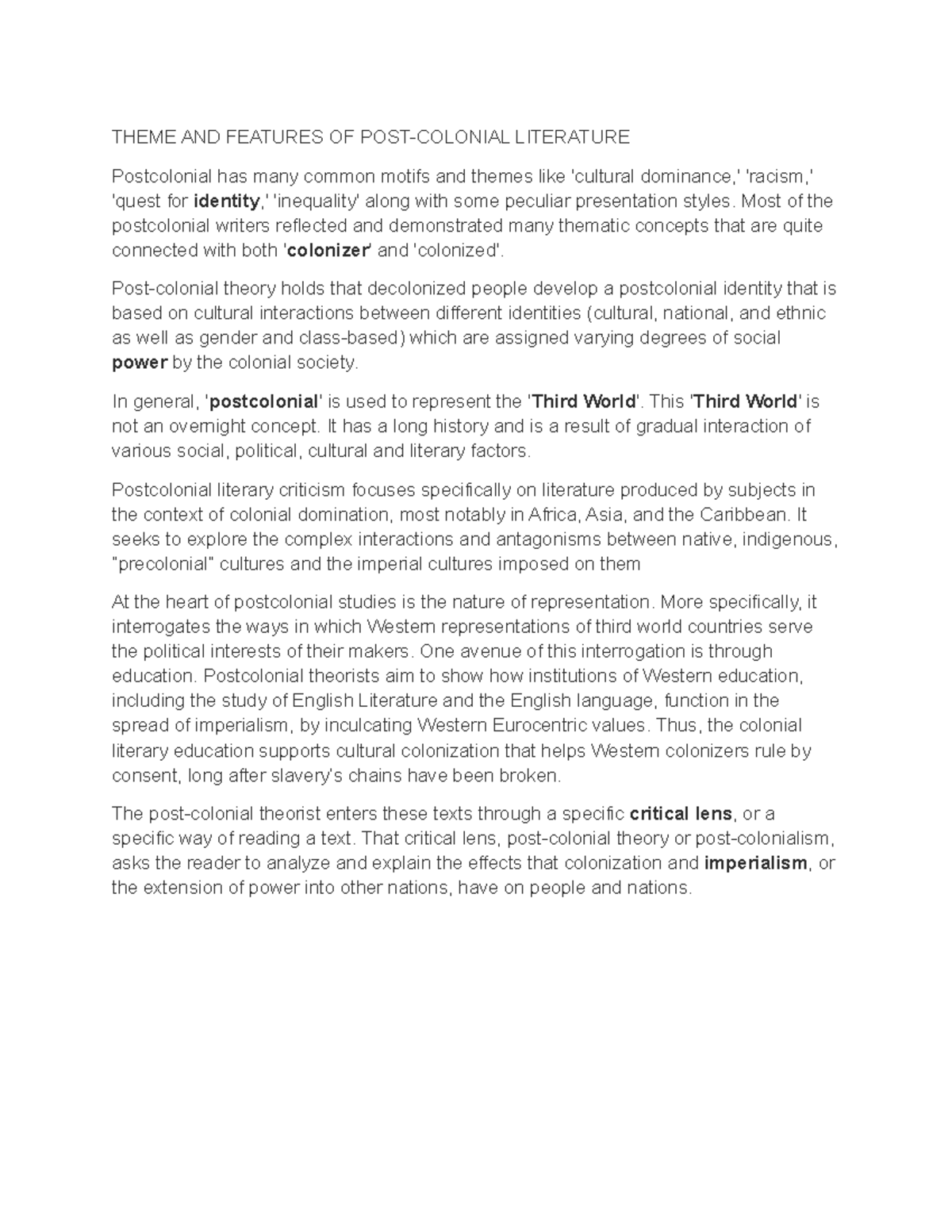 Theme AND Features OF POST- Colonial Literature - THEME AND FEATURES OF ...