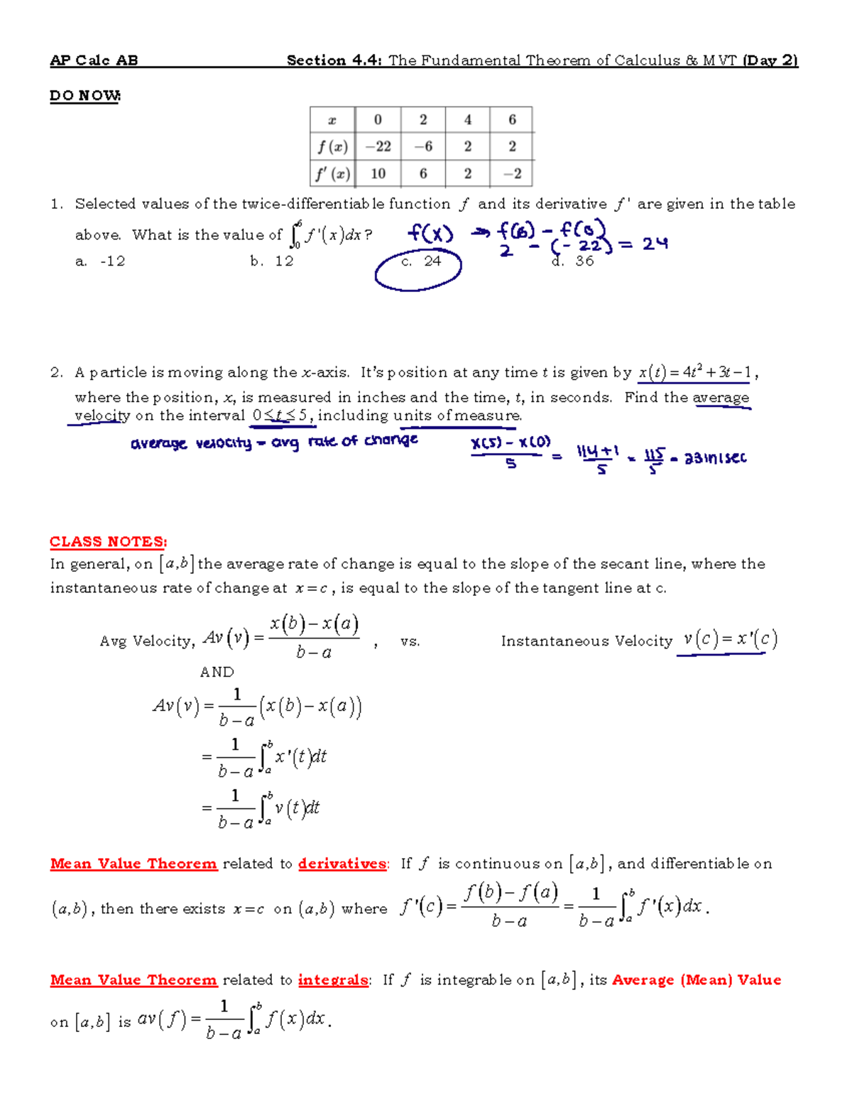 AP Calc AB Section 4: Fundamental Theorem of Calculus & MVT Notes - Studocu