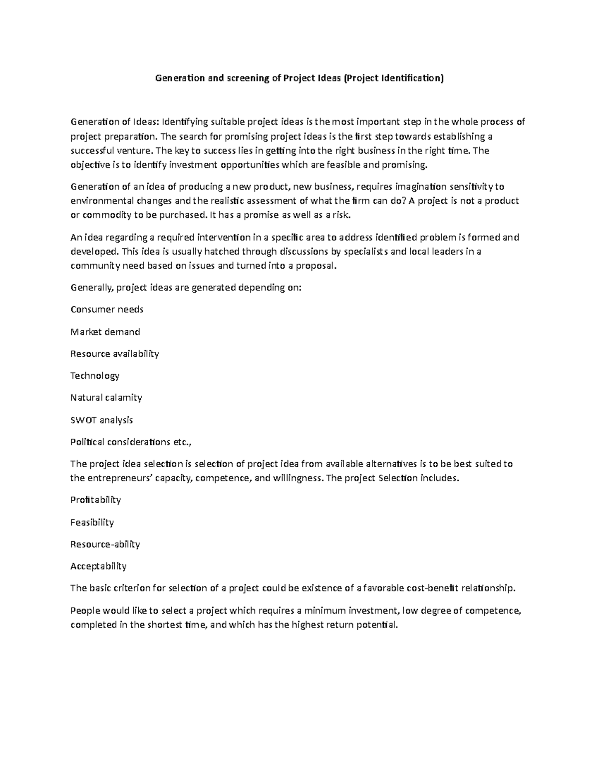 Project Management Notes For Learning - Generation and screening of ...