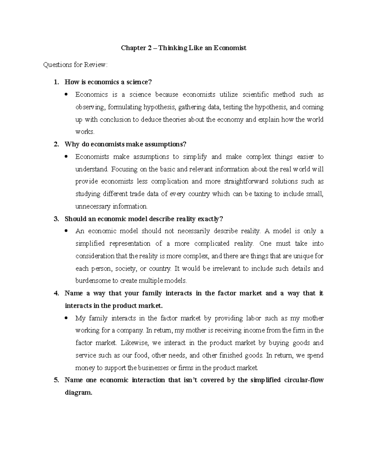 Chapter 2 - Chapter 2 – Thinking Like an Economist Questions for Review ...