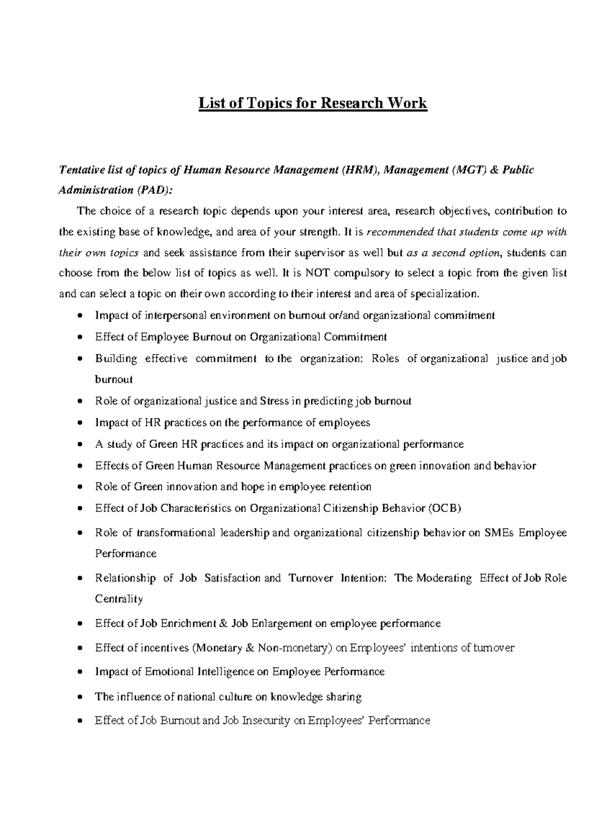 Tentative Research Topics in HRM, MGT, and PAD for Students - Studocu