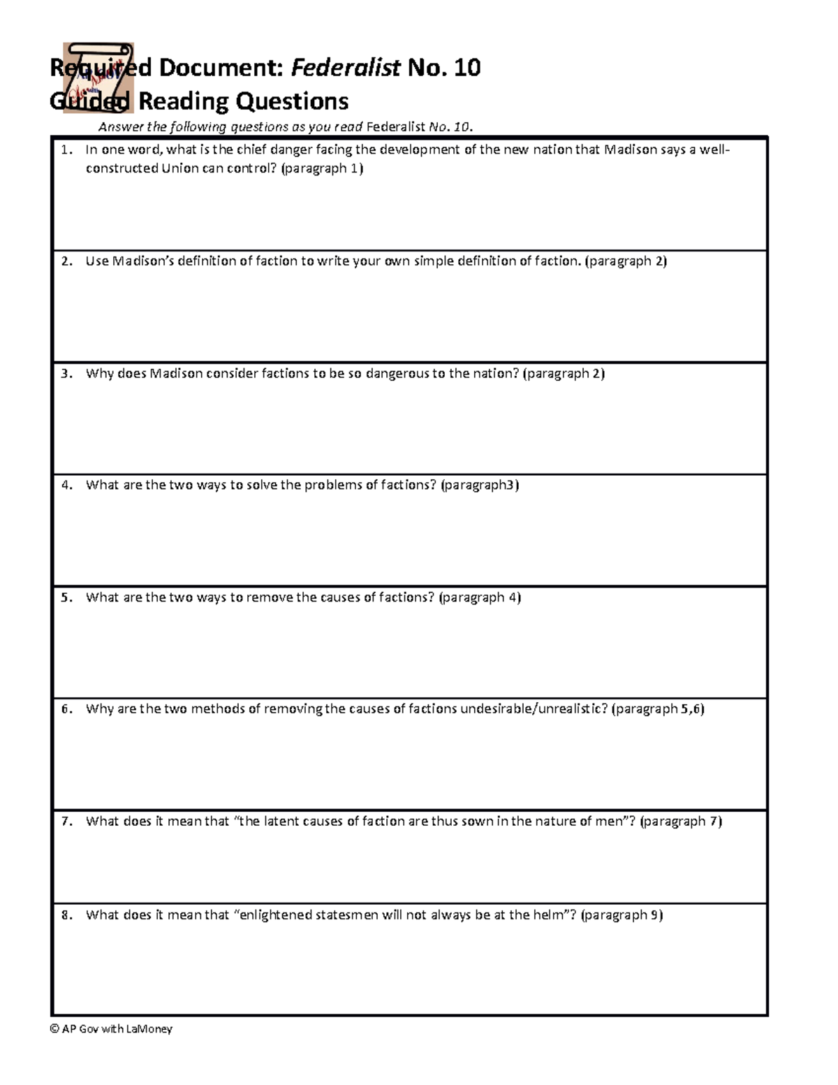 Federalist No. 10 Guided Reading Questions for AP Gov - Studocu