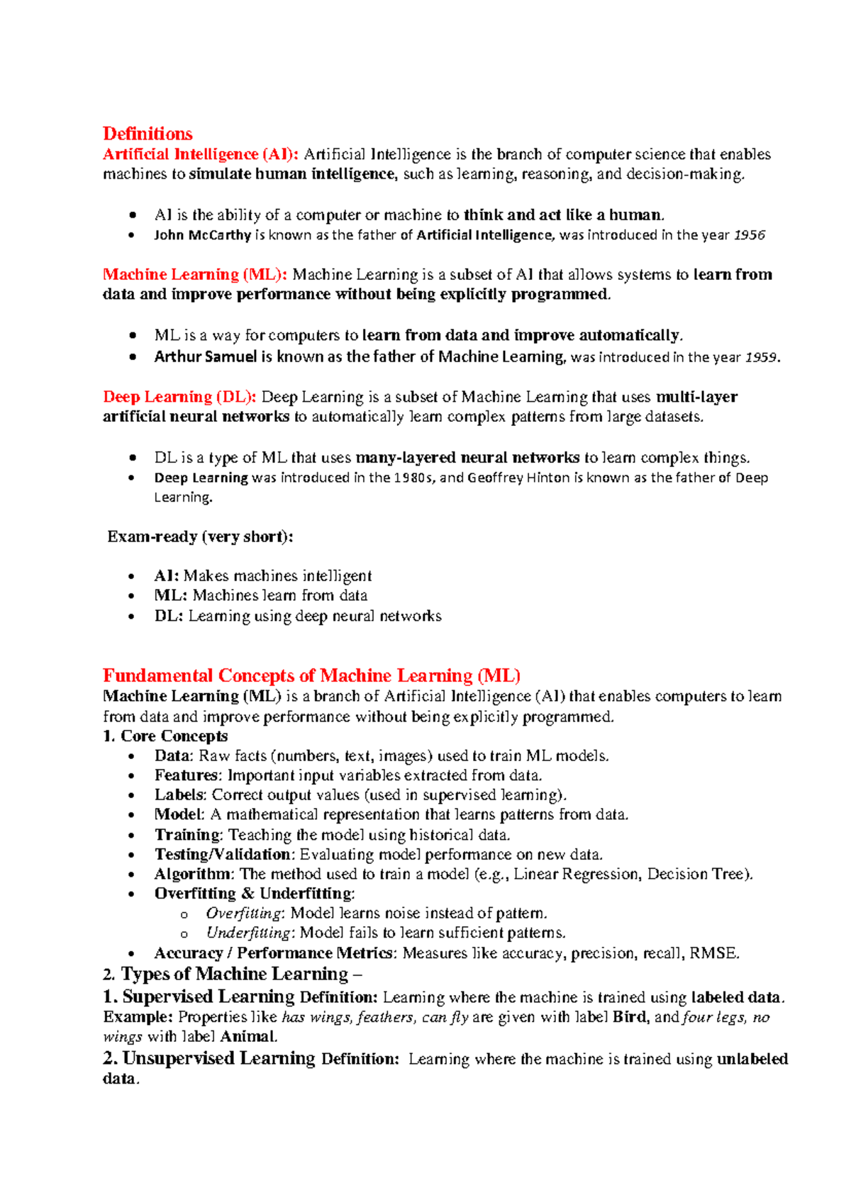 Fundamental Concepts of Machine Learning (ML): AI, ML, DL Overview - Studocu