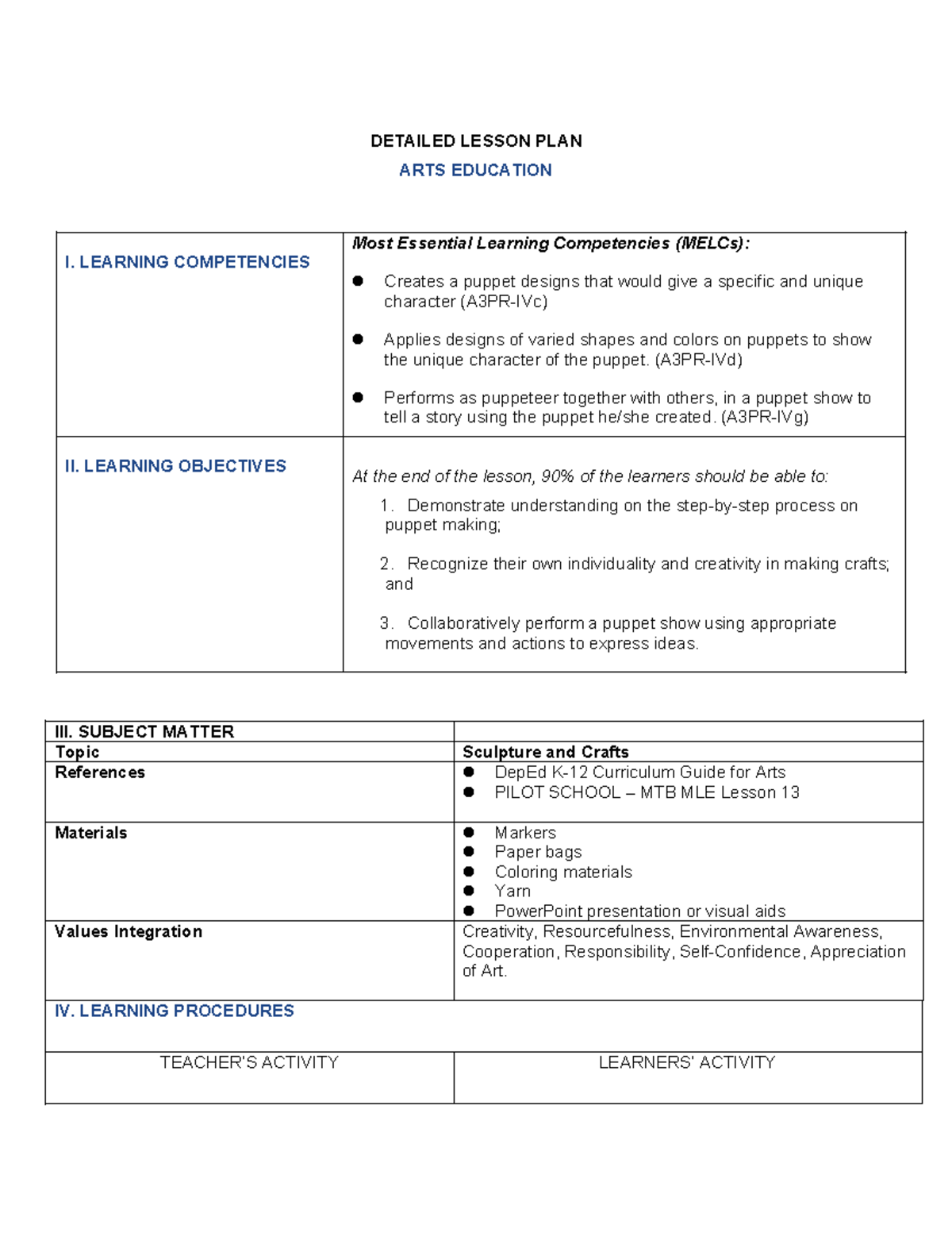 Detailed Lesson Plan: Arts Education I - Puppet Making Activity - Studocu