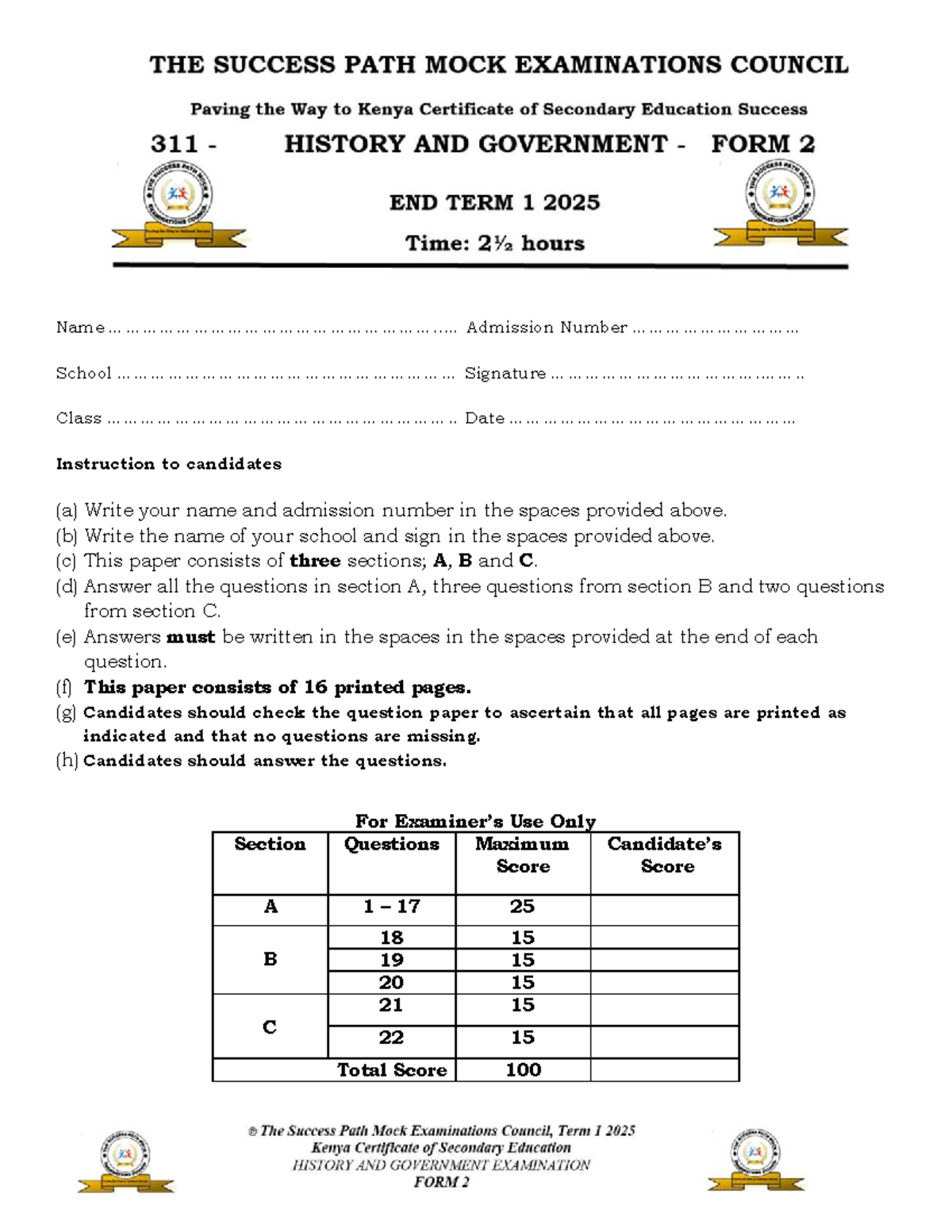 History & government F2 final exam question paper - Studocu