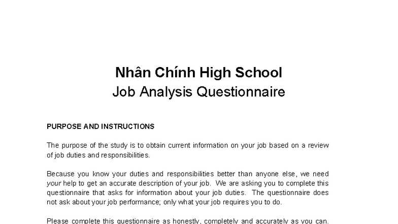 Nhân Chính High School Job Analysis Questionnaire and Instructions ...