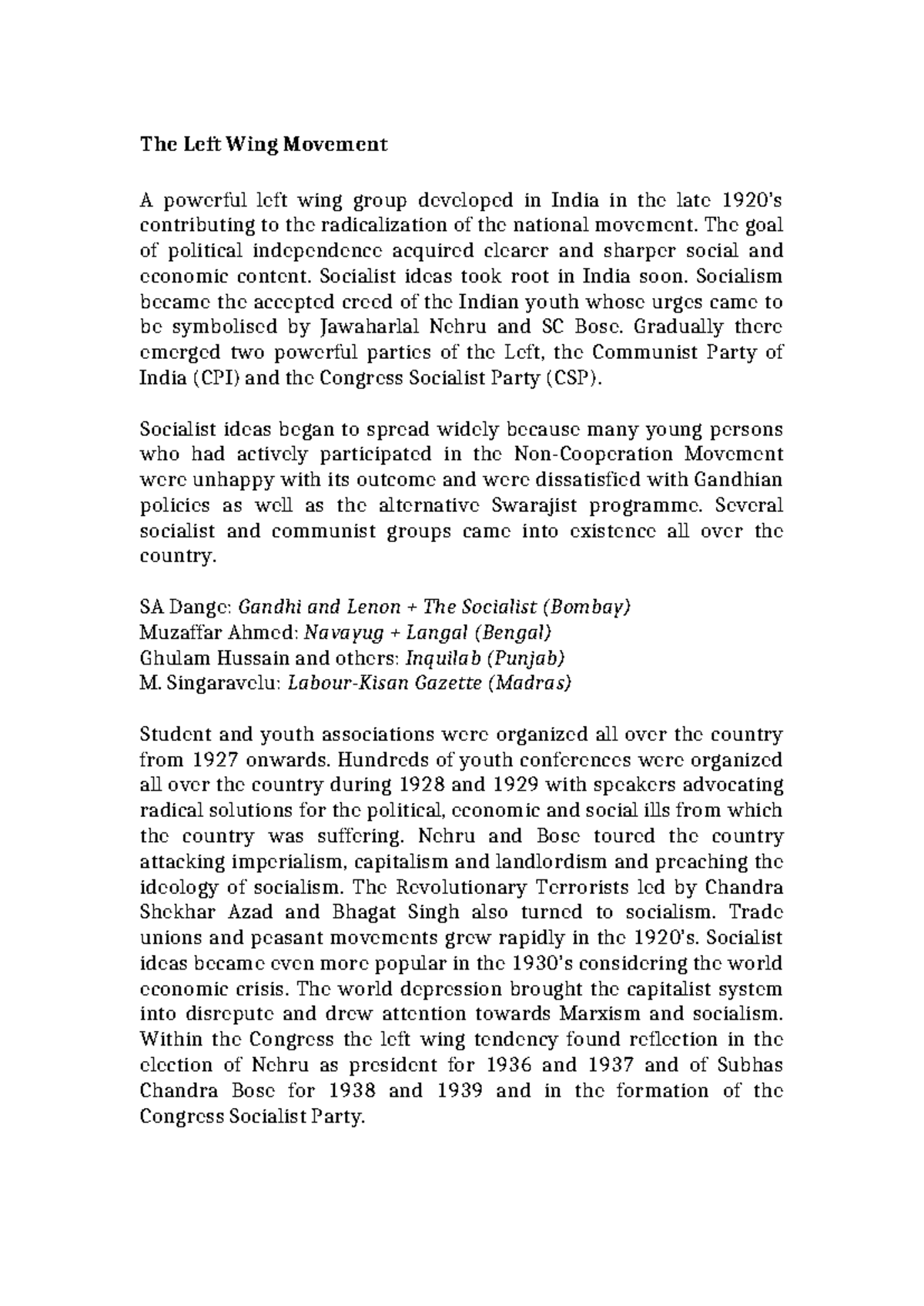 The Left Wing Movement in India: Notes on Socialism and Nationalism ...