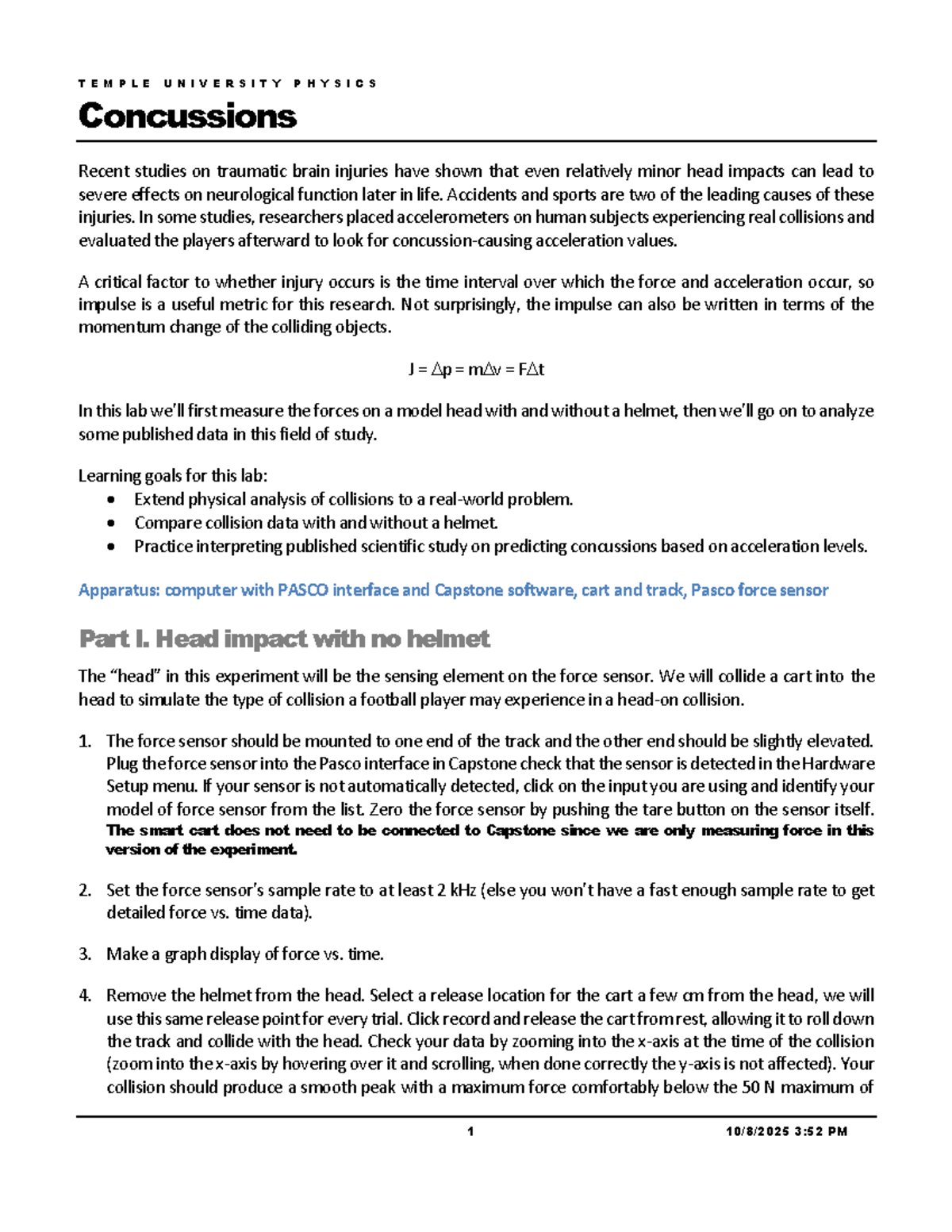 Temple University PHYS Lab: Analyzing Concussions & Helmet Impact - Studocu