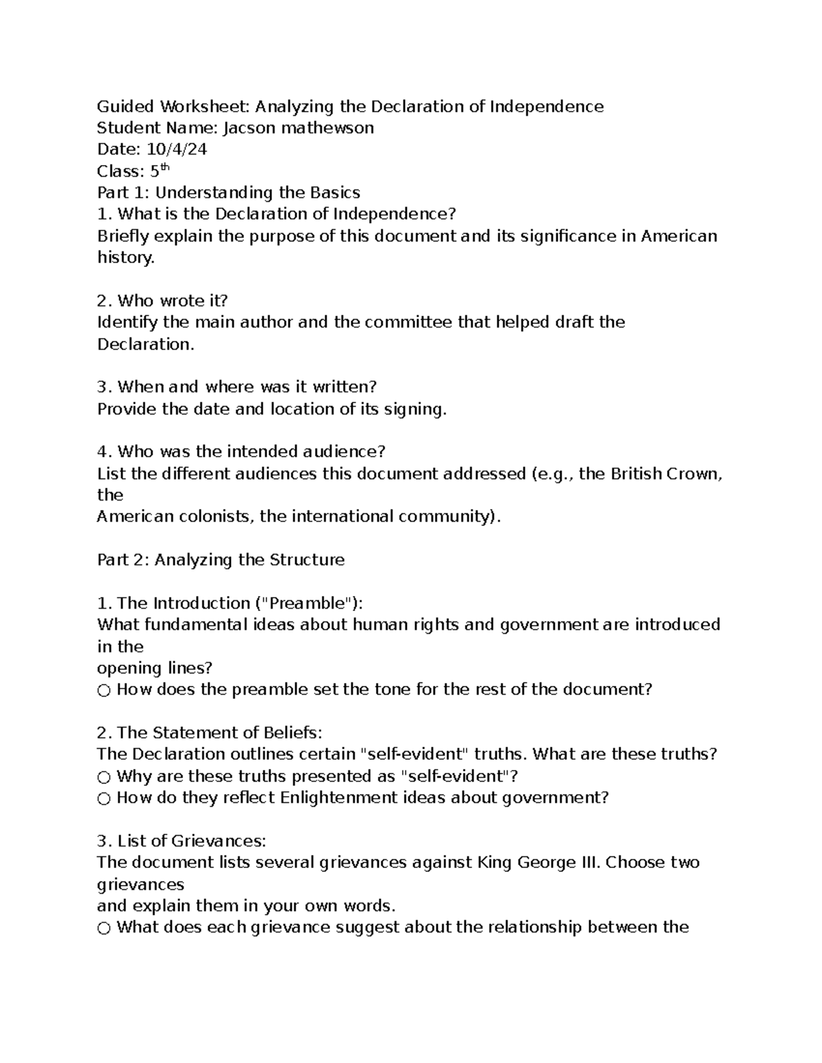 Guided Worksheet: Analyzing the Declaration of Independence (5th Grade ...