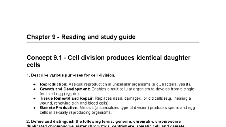 Chapter 9 - Life 120 Study Guide: Cell Division and Mitosis Concepts ...