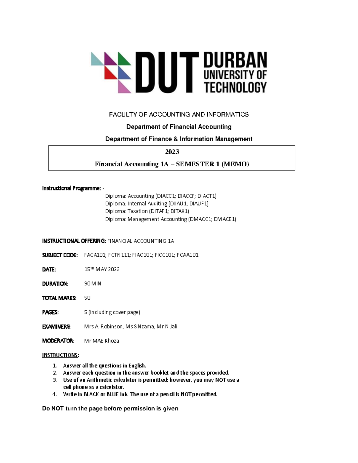 Financial Accounting 1A (FCAA101) Test 2 Memo - May 2023 - Studocu