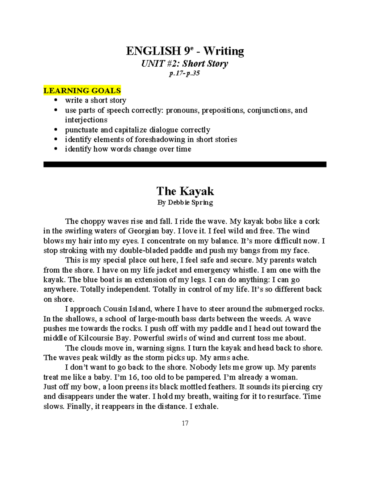 ENGLISH 9e Writing UNIT Short Story Analysis and Learning Goals - Studocu