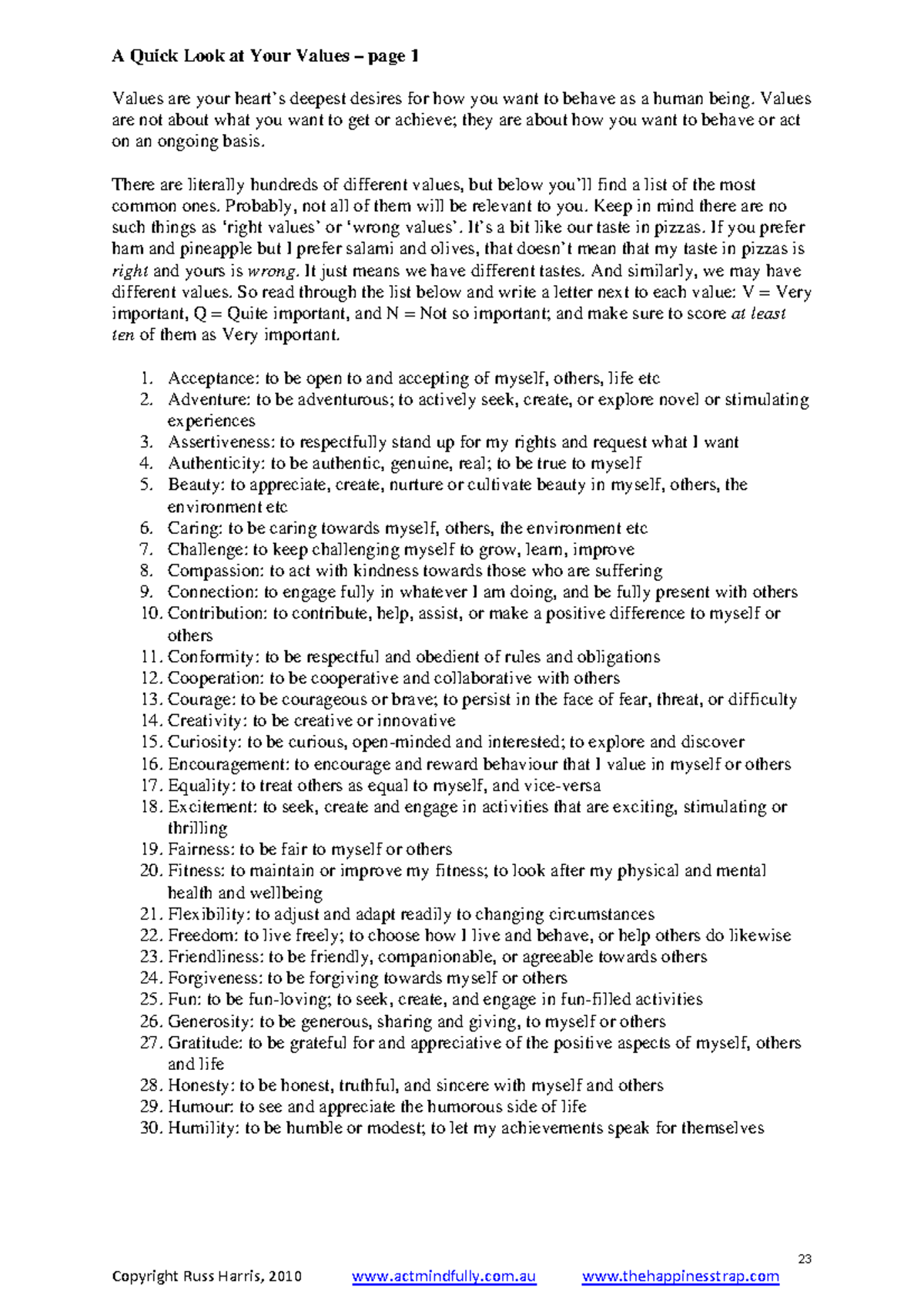 Values Assessment: A Quick Look at Your Values (Page 1) - Studocu