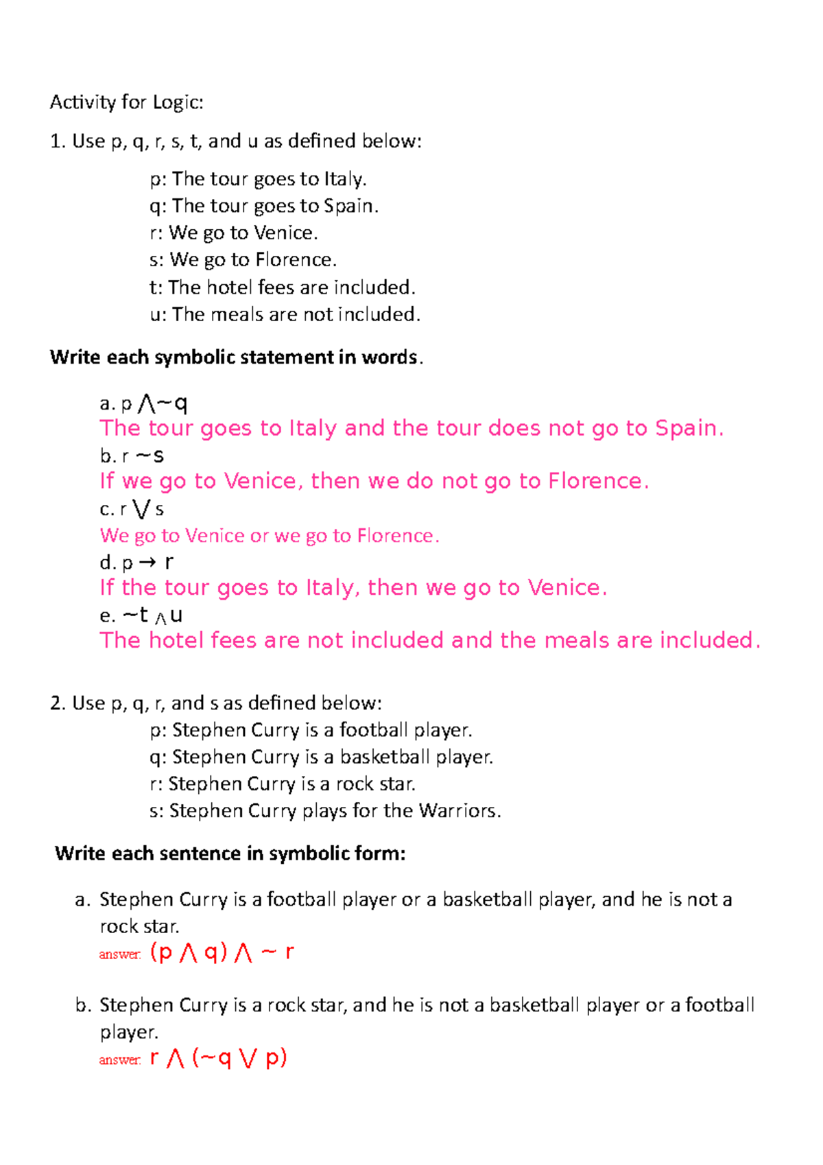 Activity for Logic - Strategic Accounting: Symbolic Statements and ...