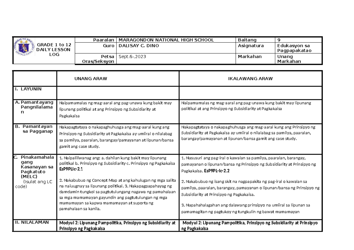 DLL-ESP 9 Weekly Lesson Log for Grade 9: Subsidiarity & Unity ...