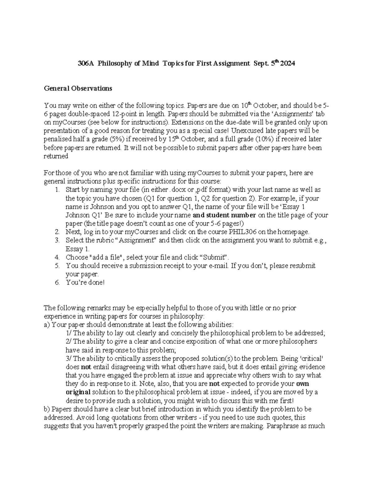 306A24 Topics for Essay 1 - 306A Philosophy of Mind Topics for First ...