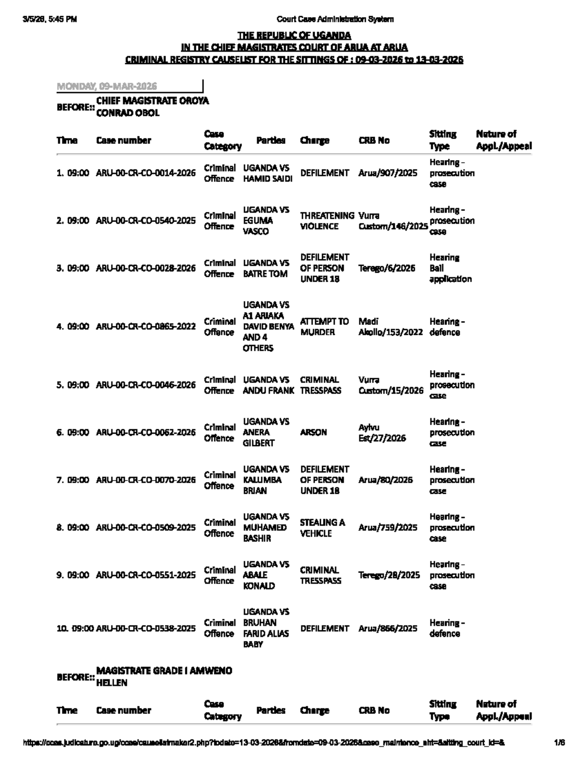 Arua CM Court Registry Causelist: 09-03-2026 to 13-03-2026 - Studocu