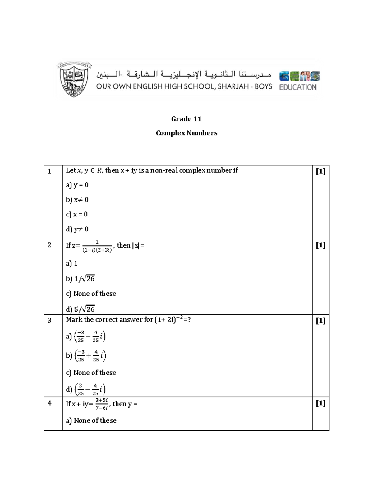 Grade 11 Complex Numbers: Concepts and Practice Questions - Studocu