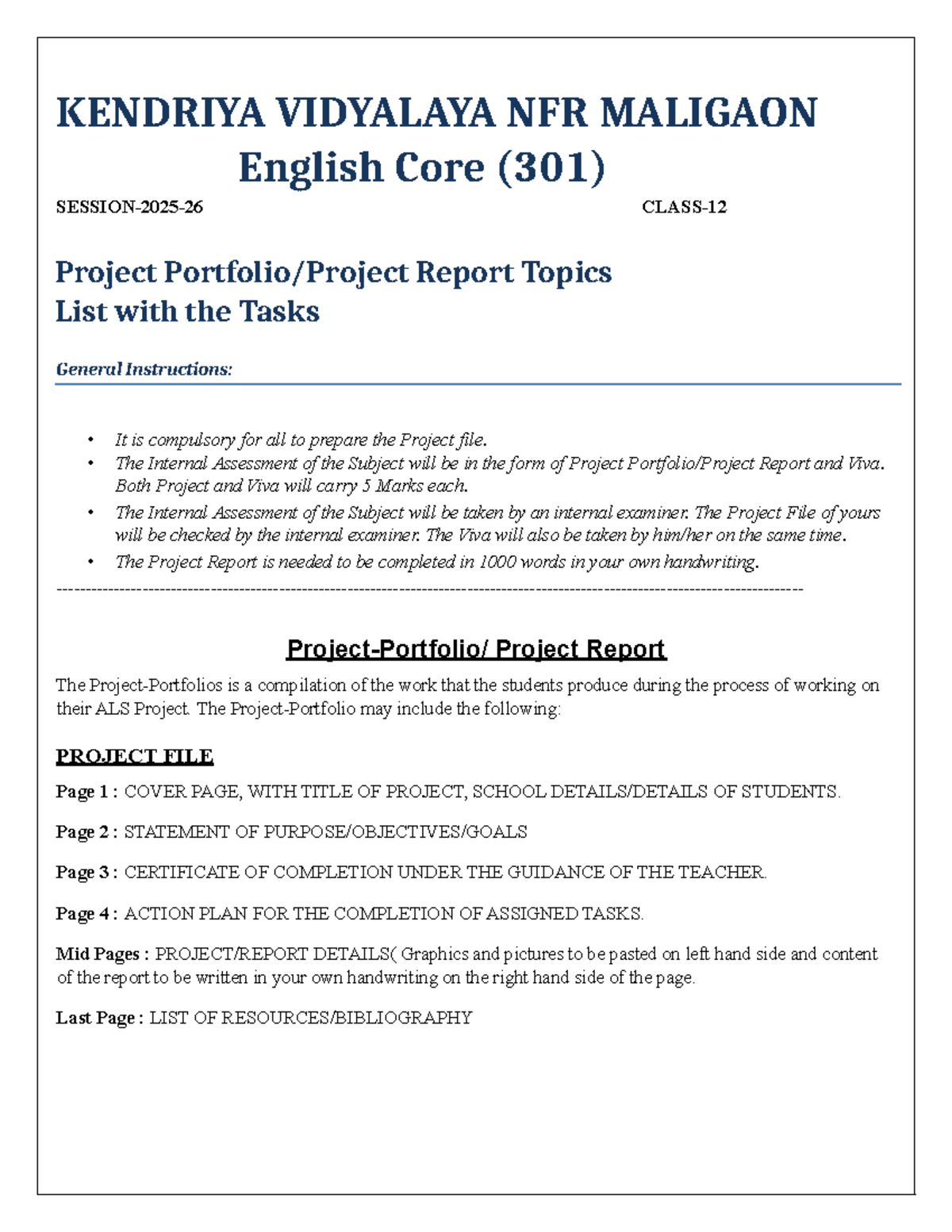 English Core (301) Class 12 Project Report Guidelines and Topics List - Studocu