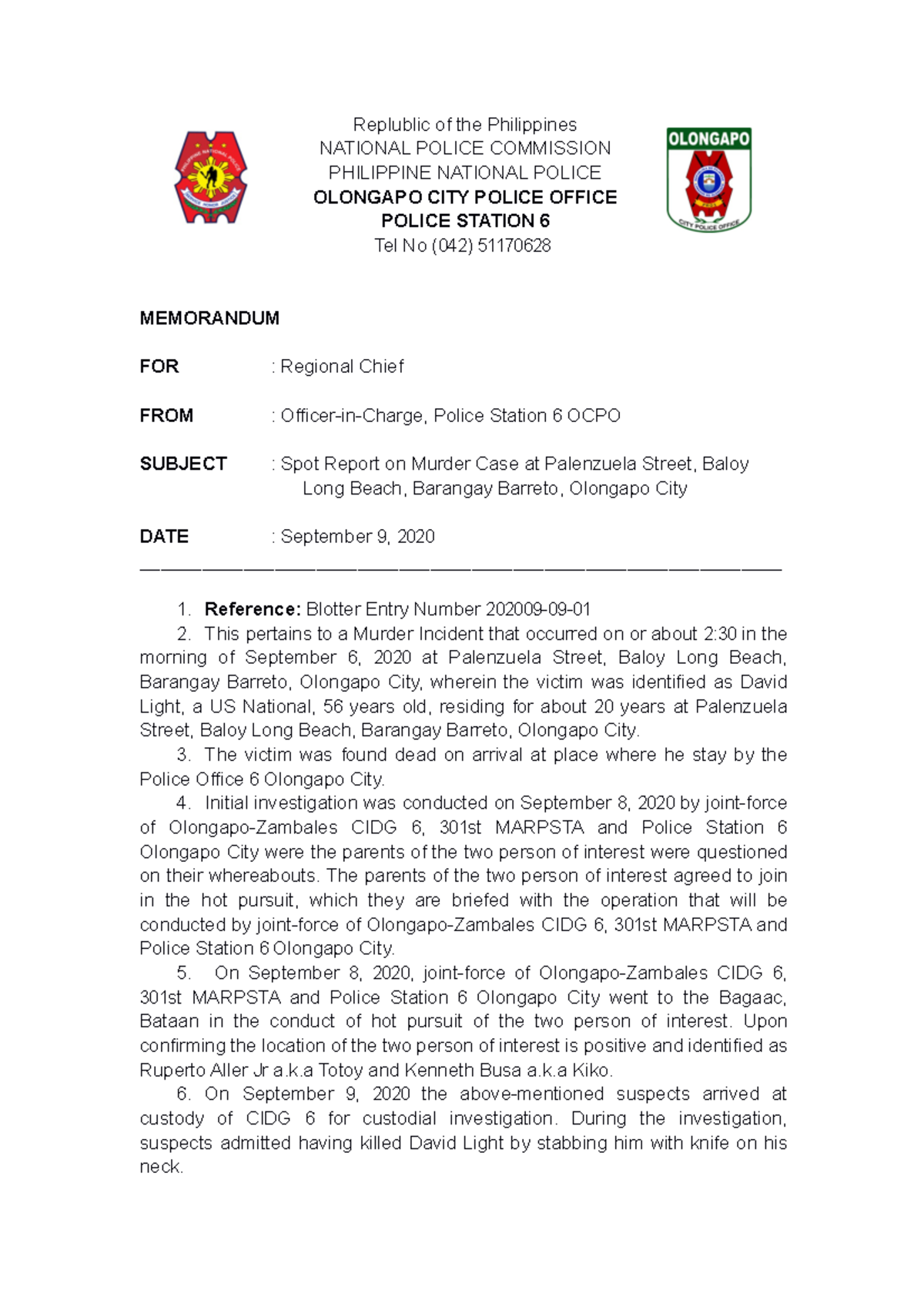 Spot Report on Murder Case - Philippine National Police - Studocu
