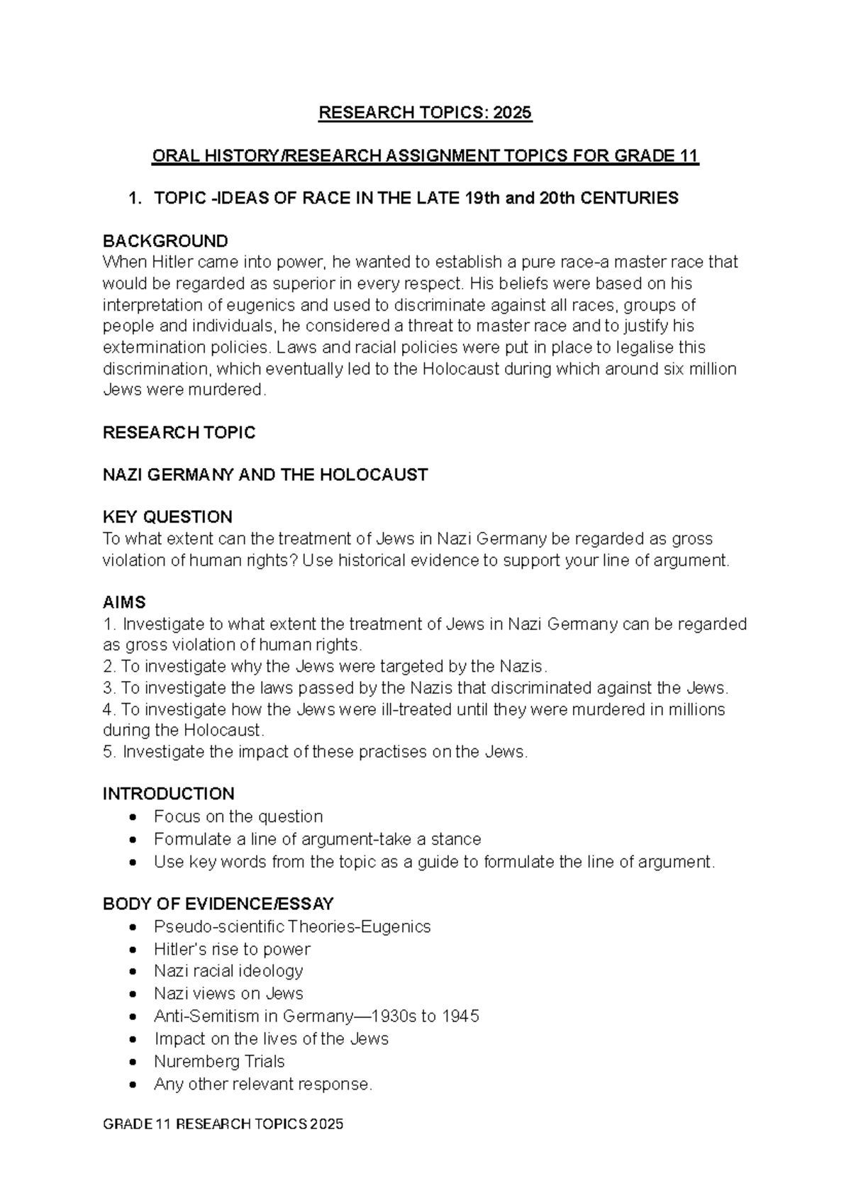 Grade 11 Research Topics 2025: Oral Assignment on Race & Afrikaner ...