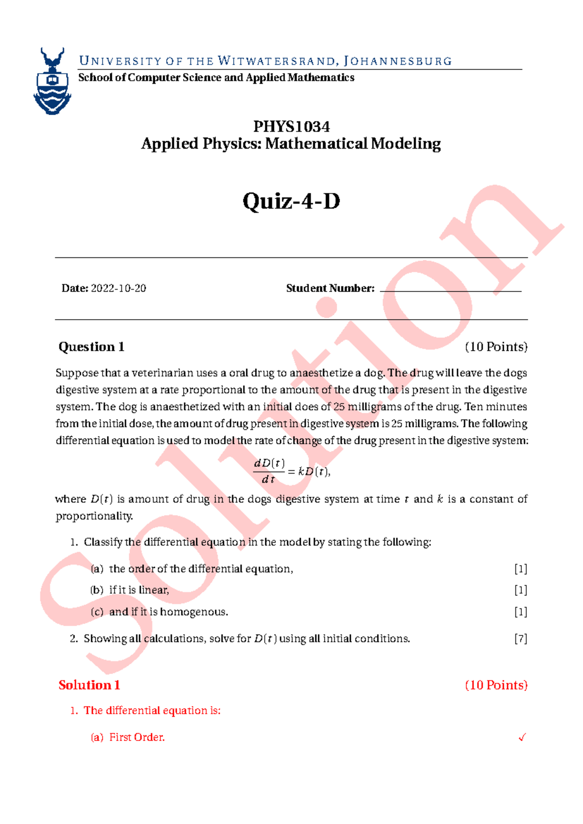 Quiz PHYS1034: Applied Physics Mathematical Modeling Solutions - Studocu