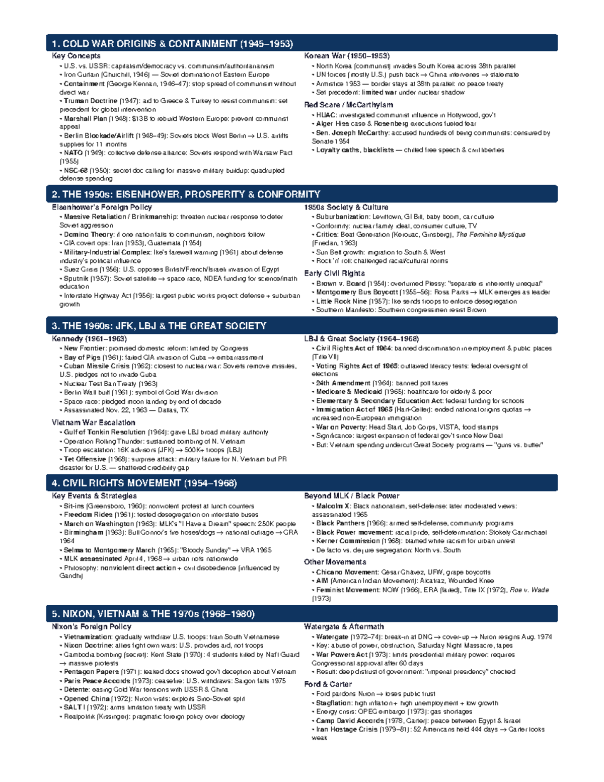 APUSH Unit 8 Cheat Sheet: Cold War, Civil Rights, and Vietnam - Studocu