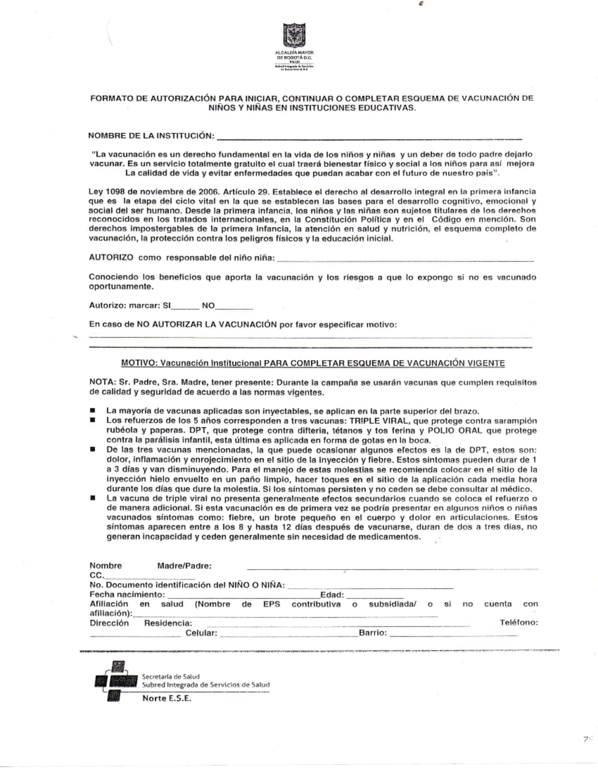 Formato de Autorización para Vacunación Infantil - ALCALDÍA BOGOTÁ D.C ...