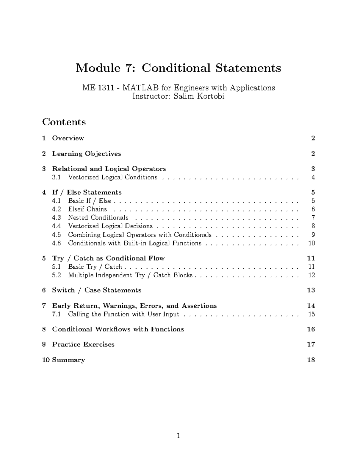 Conditional Statements in MATLAB - ME 1311 Module 7 Overview - Studocu