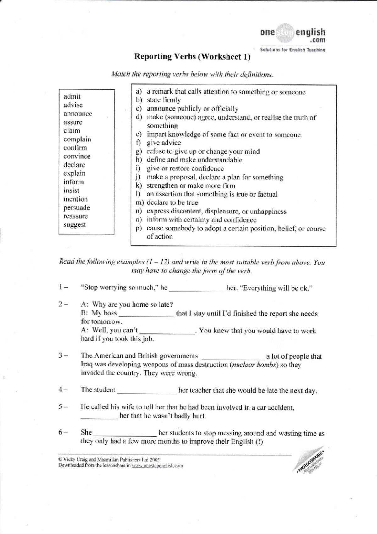 Reporting Verbs Exercises for English Teaching (72511) - Studocu
