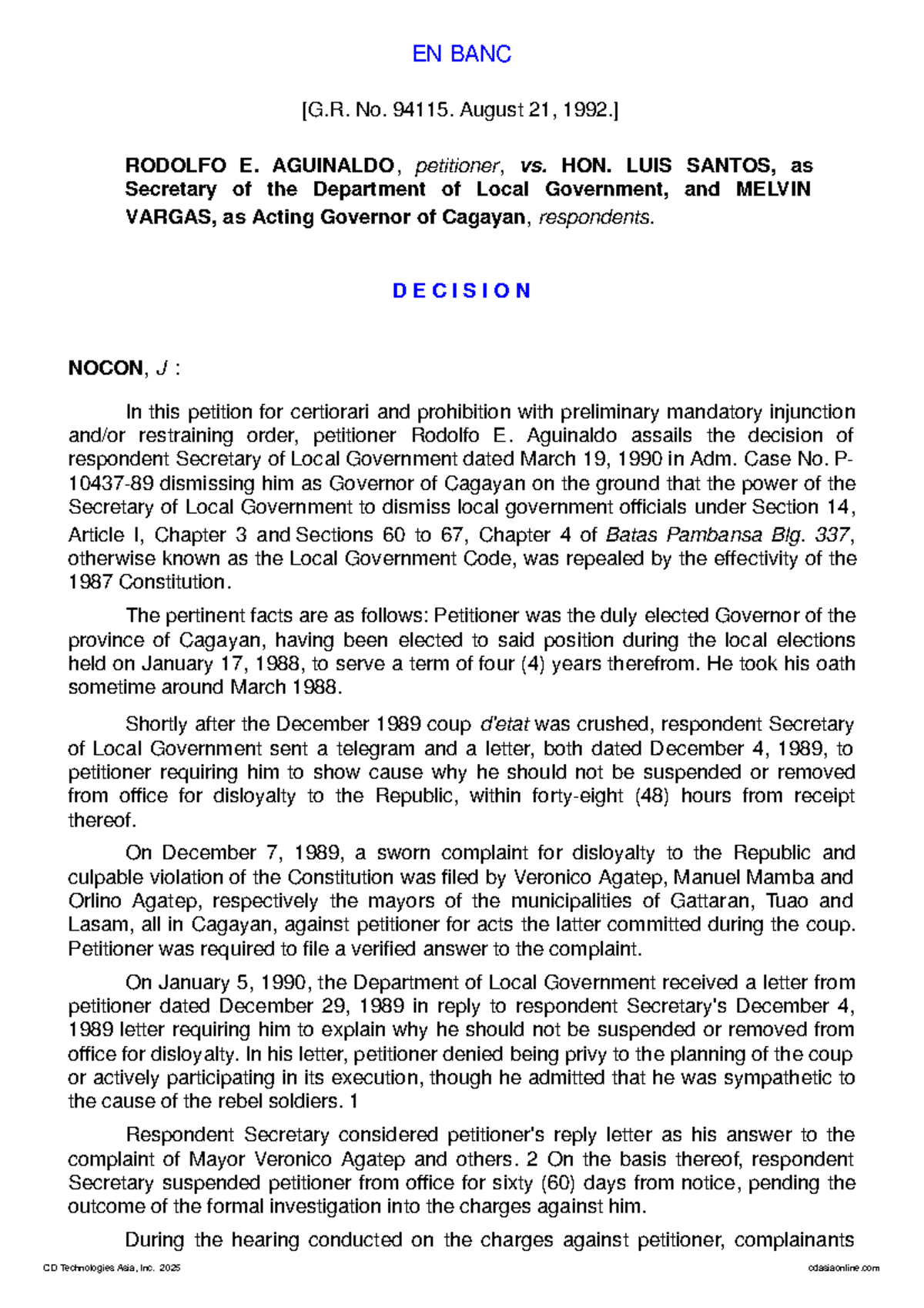 Aguinaldo v. Santos: Decision on Certiorari and Prohibition Case - Studocu