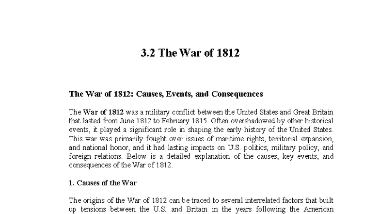 3.2 The War of 1812: Causes, Events, and Consequences Analysis - Studocu