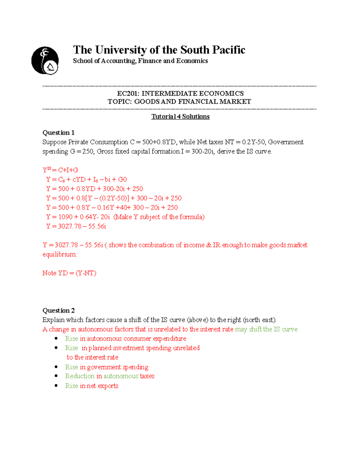 Tutorial 4 Solution - EC201 - The University of the South Pacific School of Accounting, Finance ...