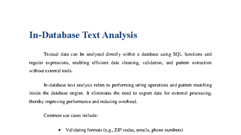 In-Database Text Analysis: SQL Functions for Textual Insights - Studocu