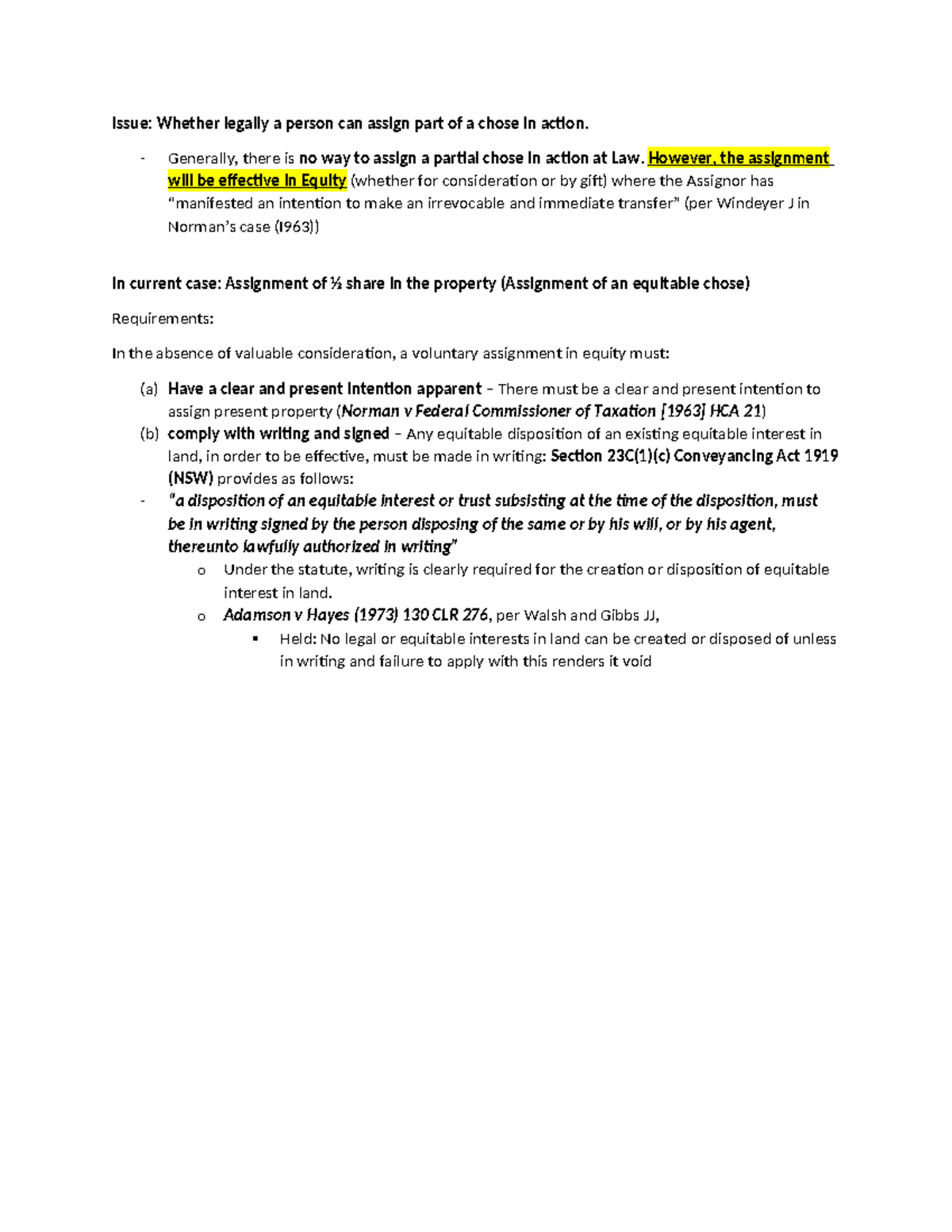 Assignment of Partial Choses in Action: Legal Principles and Equity ...