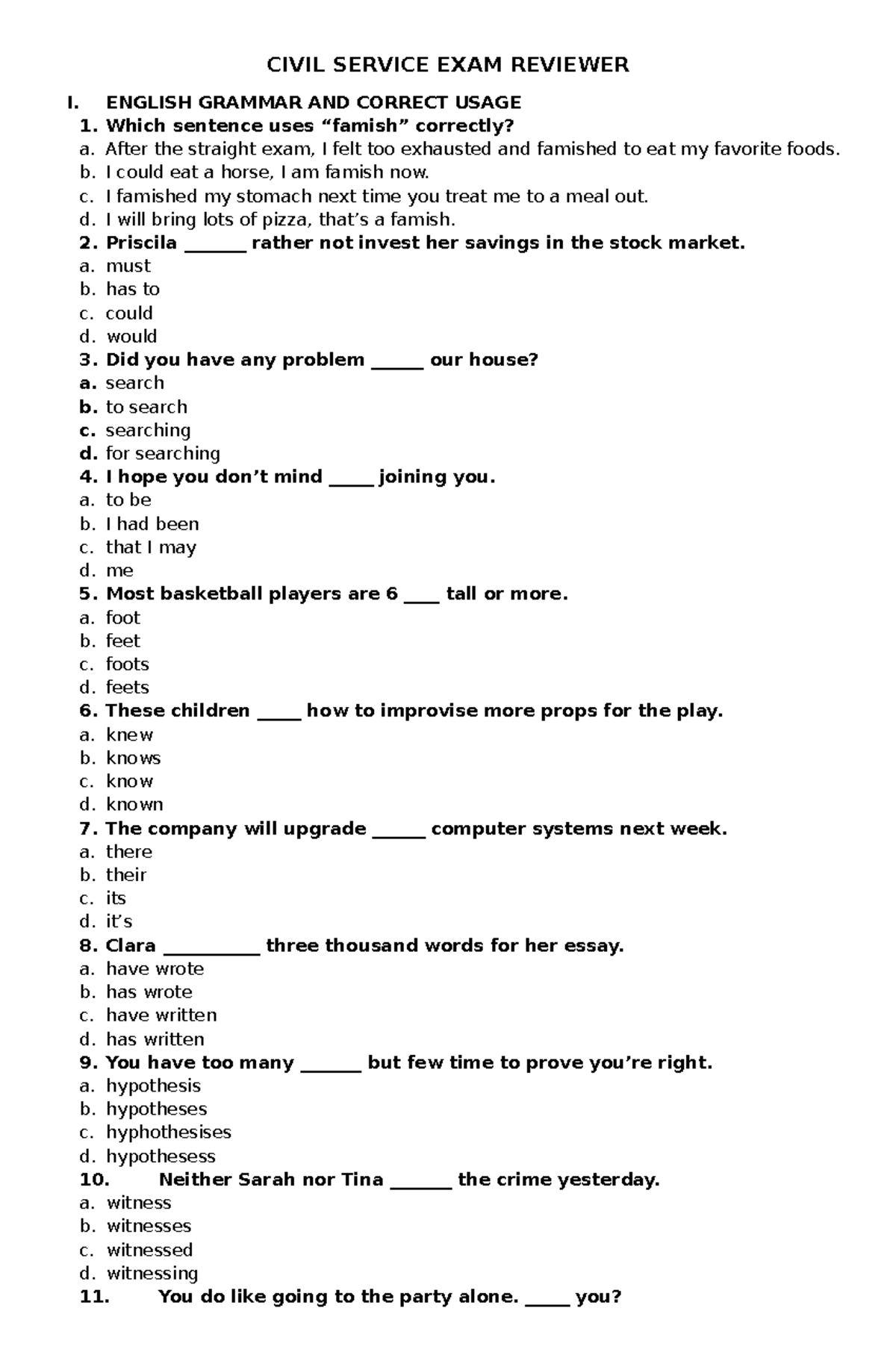 Civil Service Exam Reviewer: English Grammar Practice & Usage - Studocu