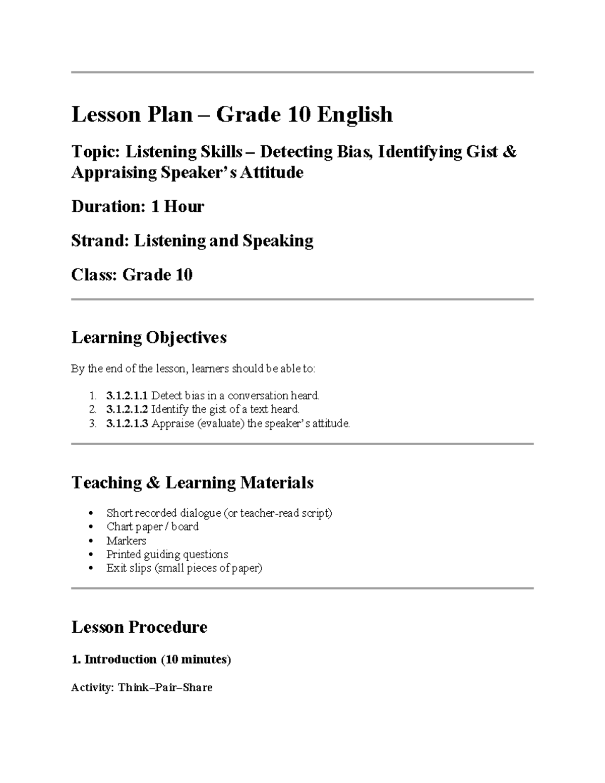 Grade 10 English Lesson Plan: Listening Skills & Bias Detection - Studocu