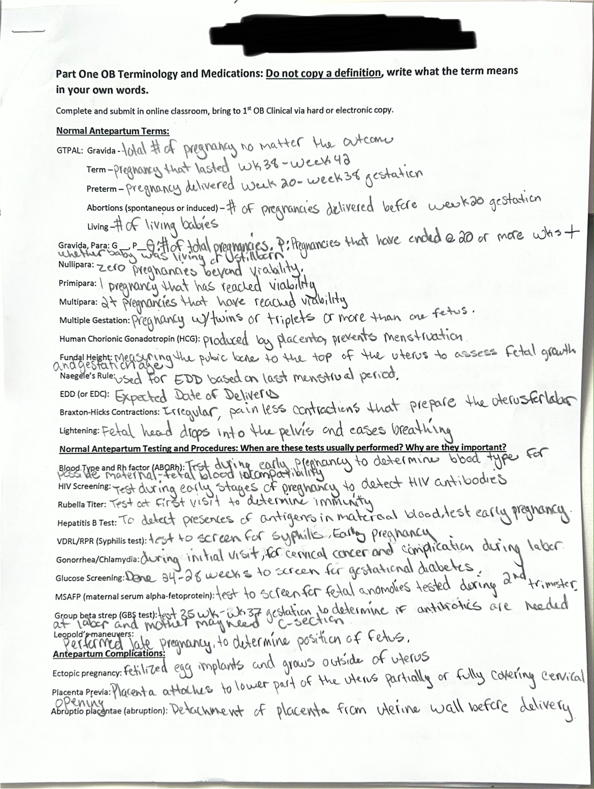 Part One OB Terminology and Medications Do not copy a definition, write ...