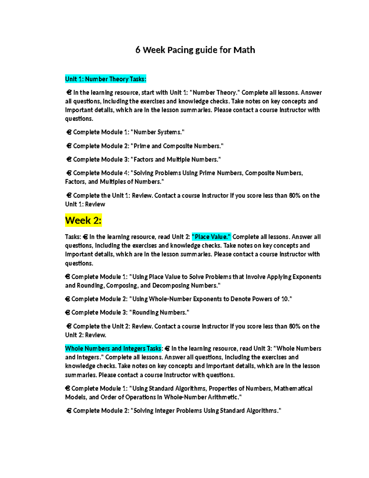6-Week Pacing Guide for Math Unit 1: Number Theory Tasks - Studocu