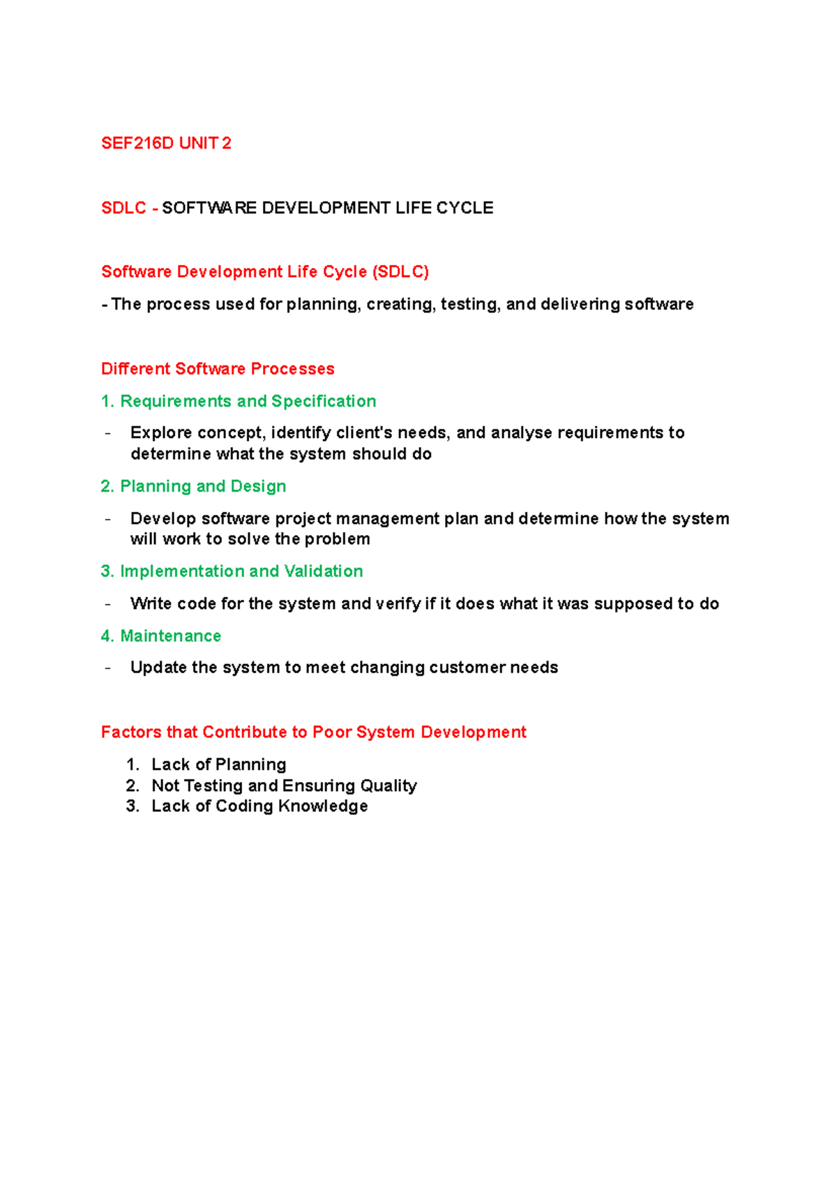 SEF216D Unit 2 Study Notes: Software Development Life Cycle (SDLC ...