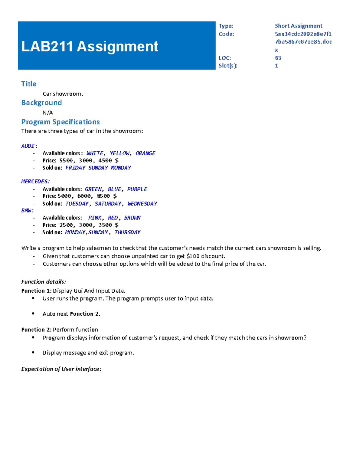 J1.S.P0066 (1) - LAB211 Short Assignment on Car Showroom Program - Studocu
