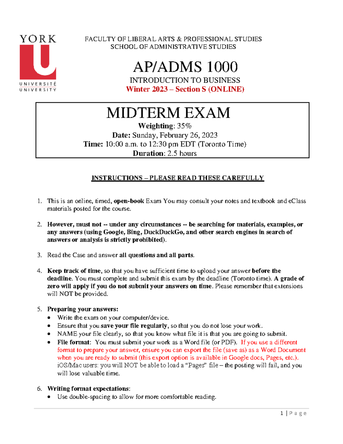 ADMS1000 Midterm Exam Winter 2023 - Online Exam - Original - Feb 26 ...