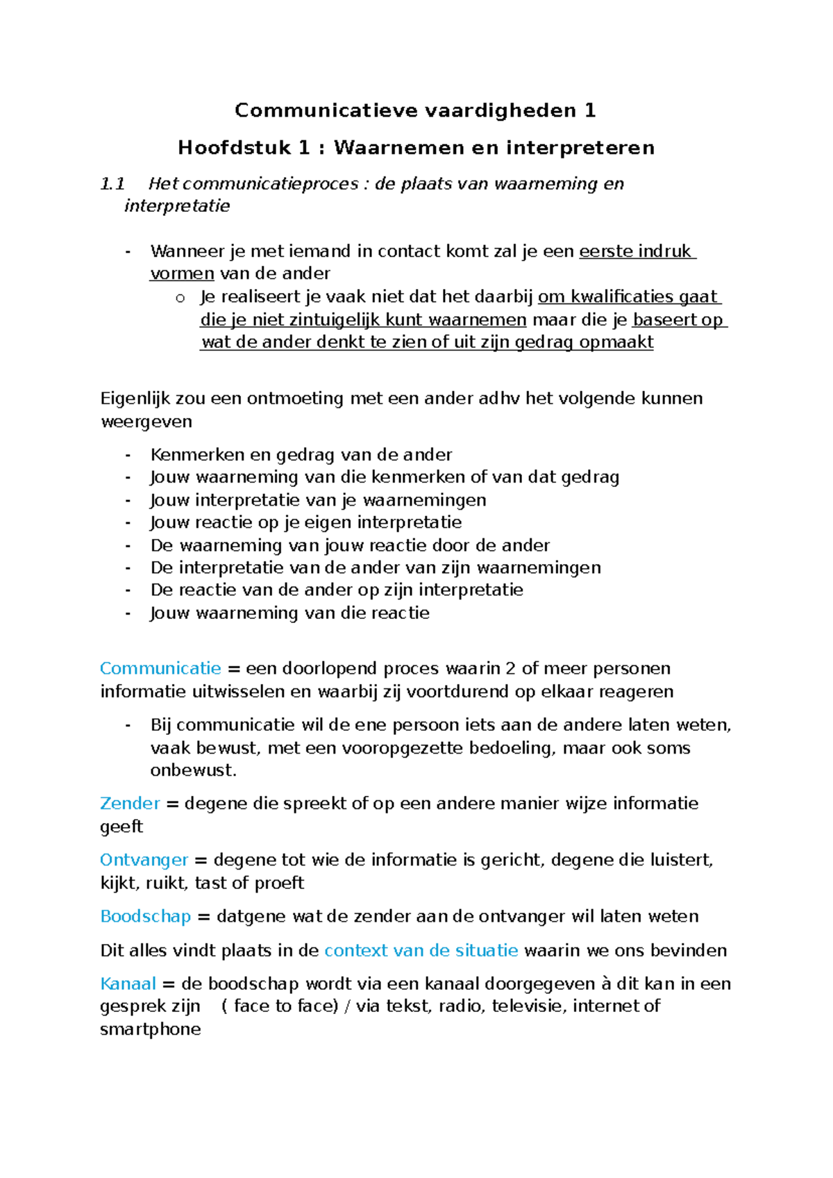 Communicatieve Vaardigheden 1: Hoofdstuk 1 - Waarnemen & Interpreteren ...