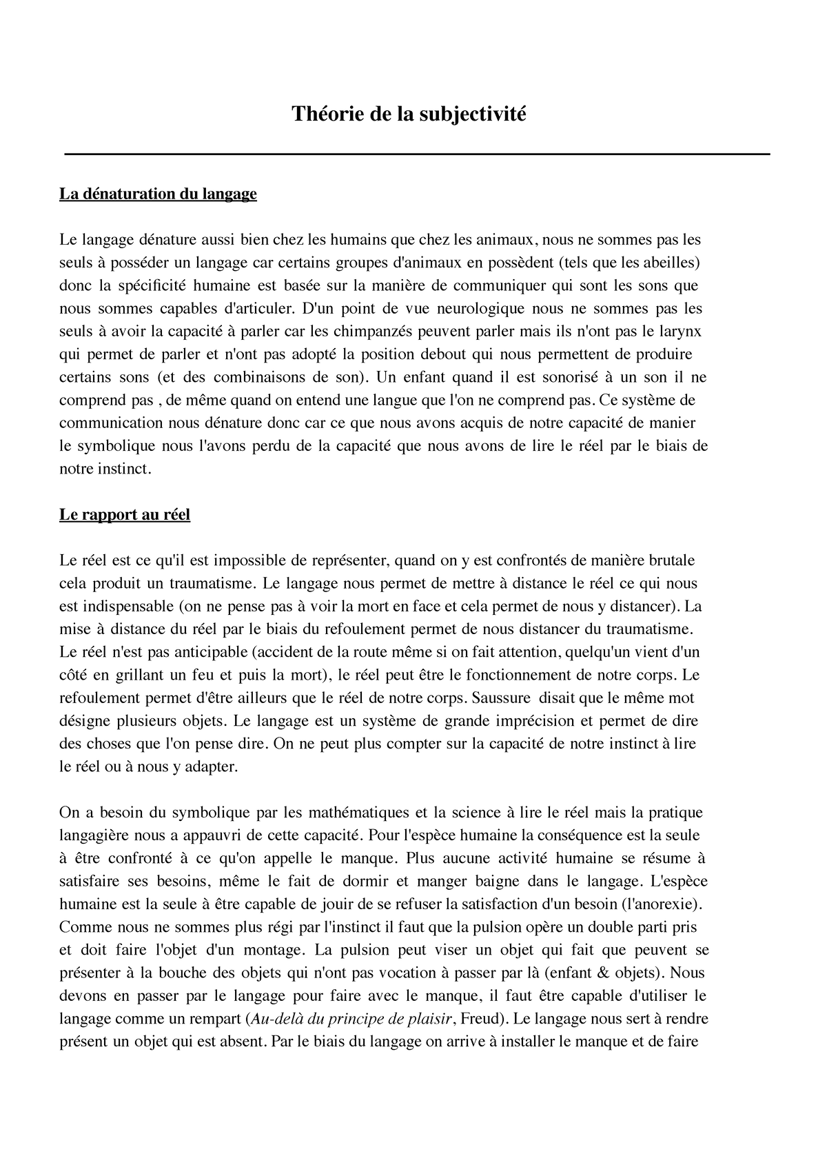 Théorie de la subjectivité TD L3 : Analyse du langage et du réel - Studocu