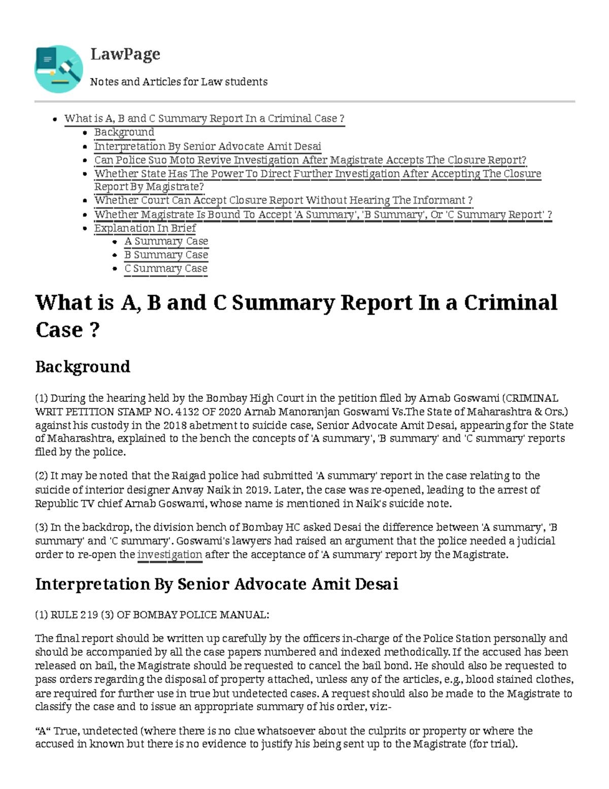 What is A, B, and C Summary Report in Criminal Law - Case Study Notes ...